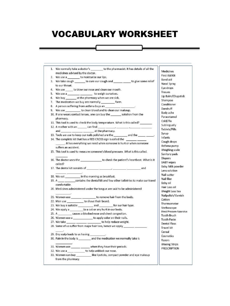 Vocabulary Worksheet of Pharmacy | PDF