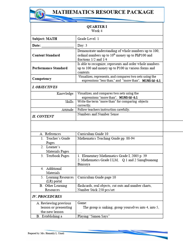 Math1 Q1 Week4 Day3 | PDF | Curriculum | Learning