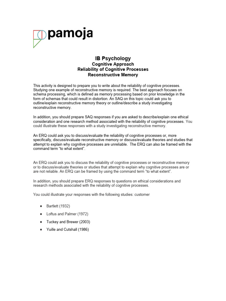 Cognitive Approach Reliability Of Cognitive Processes Reconstructive Memory Worksheet V1 Pa