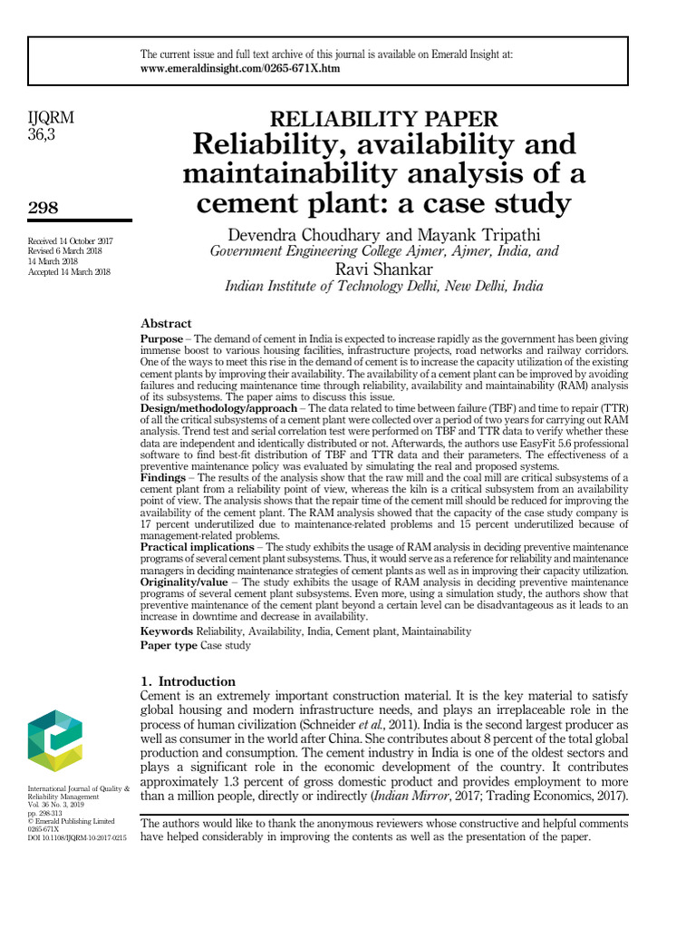 c16 RAM Analysis of A Cement Plant A Case Study | PDF | Reliability ...