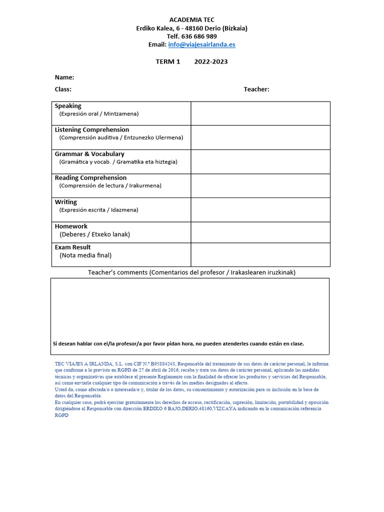 Report Template A1-C1 2022-2023 | PDF