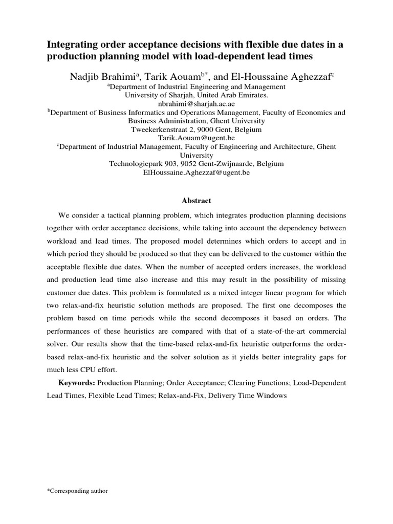 Production Planning And Order Acceptance Pdf Mathematical Optimization Linear Programming