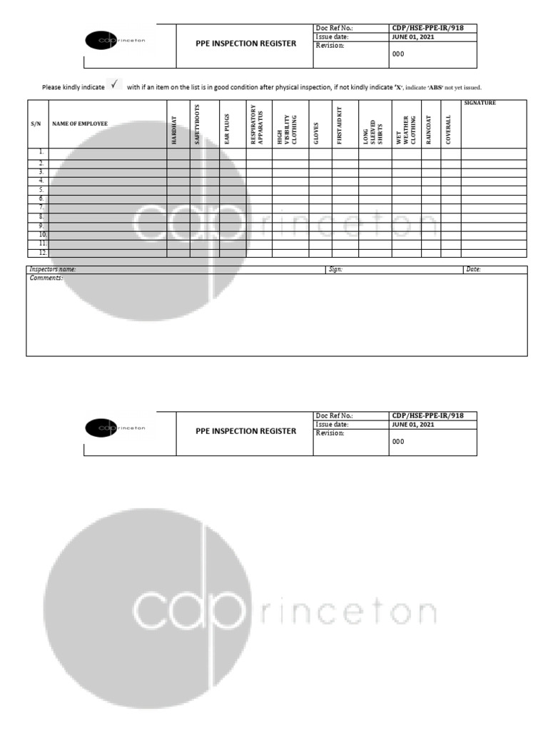 PPE Inspection Register Template | PDF | Working Conditions | Workplace