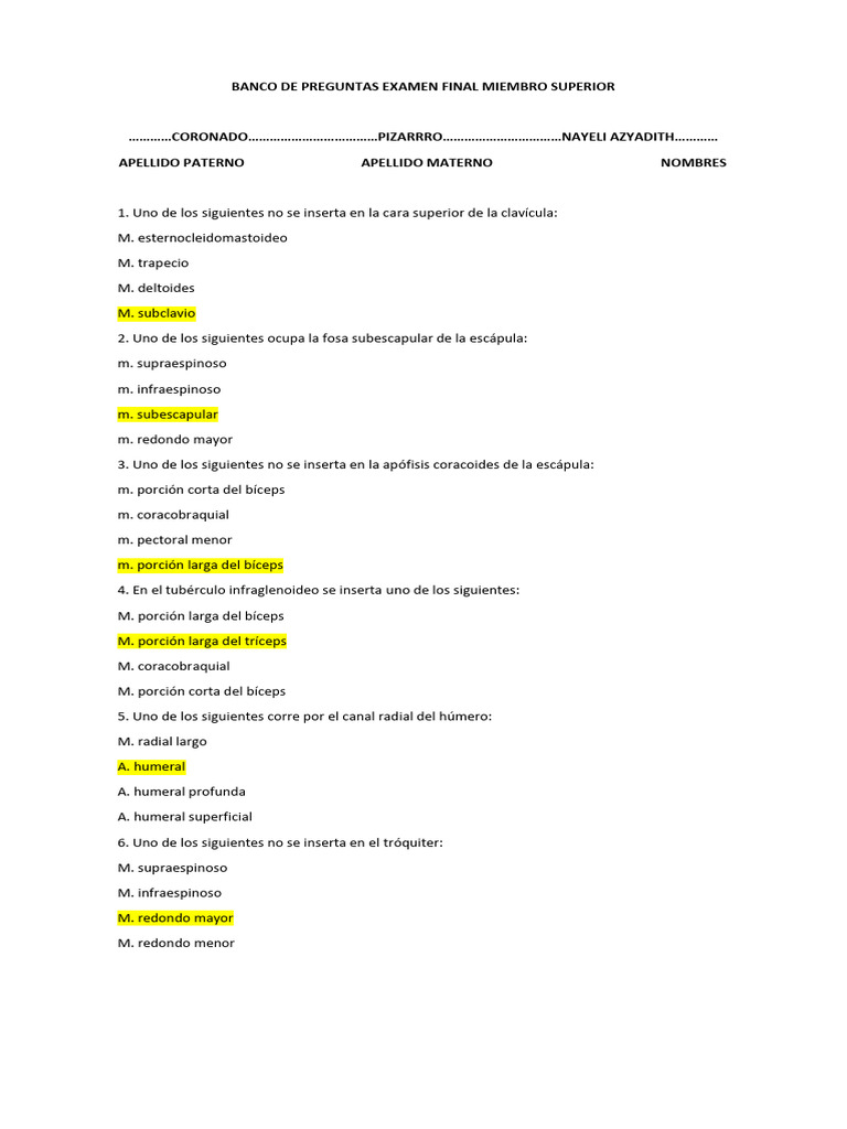 Banco de Preguntas Examen Final.. | PDF | Anatomía humana | Sistema musculoesquelético