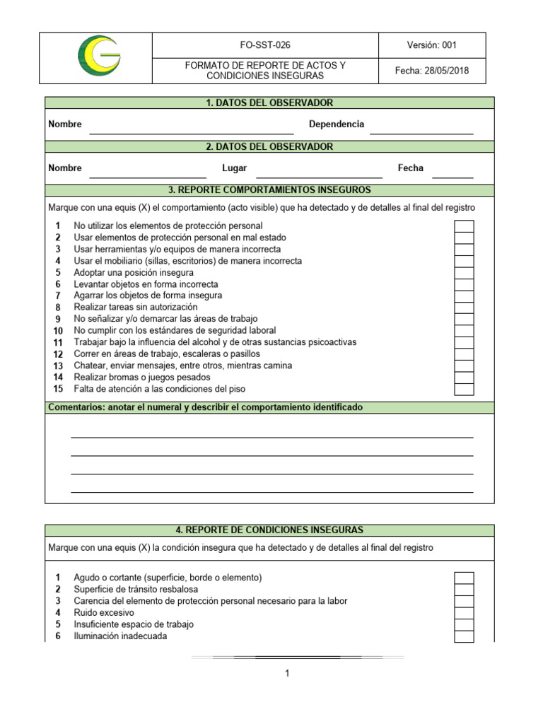 FO-SST-026 Formato Reporte de Actos y Condiciones Subestandar | PDF FO-SST-026 Formato Reporte de Actos y Condiciones Subestandar | PDF