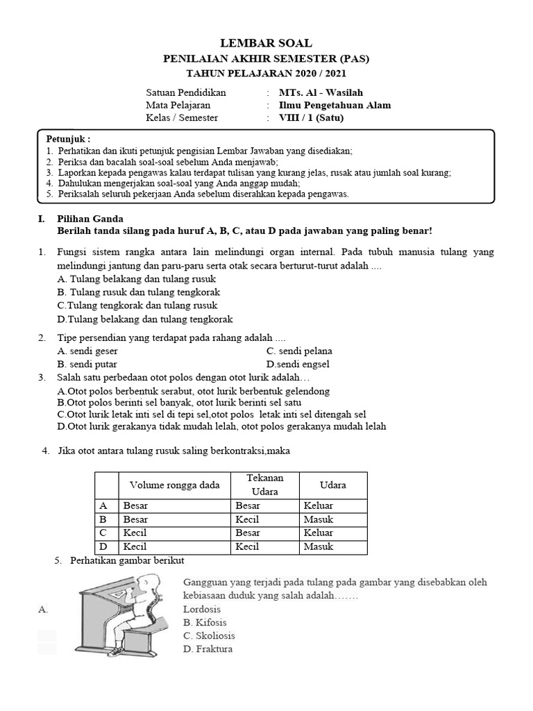 Soal Pas Ipa Viii Mts. Alwasilah 2020 | PDF | Olahraga & Rekreasi