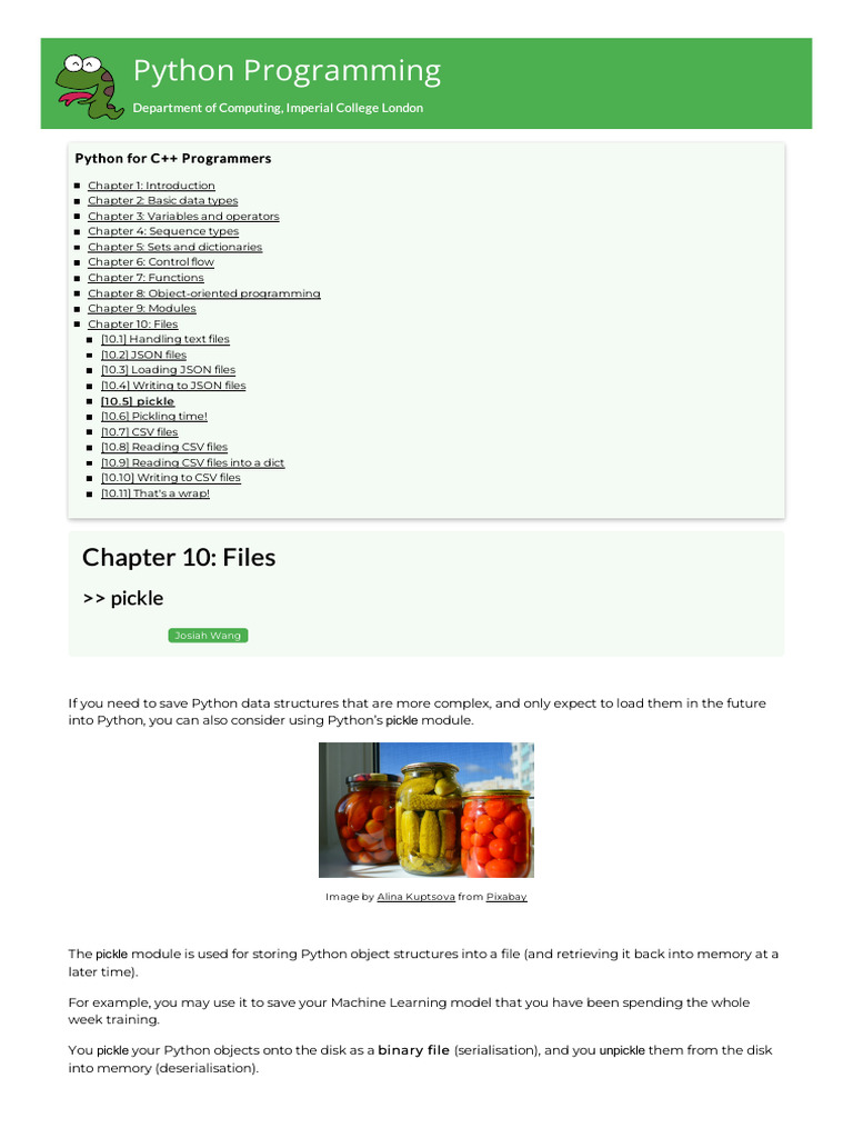 Python Pages Doc Ic Ac Uk CPP Lessons CPP 10 Files 05 Pickle HTML | PDF Python Pages Doc Ic Ac Uk CPP Lessons CPP 10 Files 05 Pickle HTML | PDF
