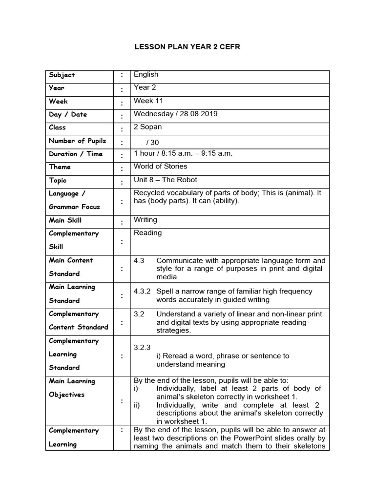 Year 2 Animal Skeleton Lesson Plan | PDF | Lesson Plan | English Language