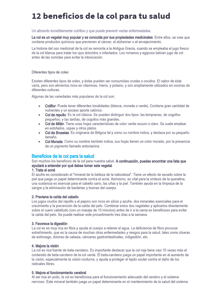 12 Beneficios De La Col Para Tu Salud Pdf Repollo Alimentos