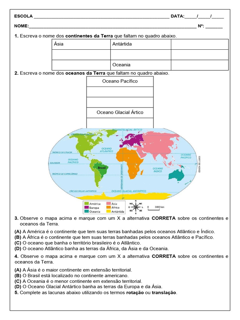 Avaliação Geografia Continentes, Oceanos, Movimentos Da Terra ...