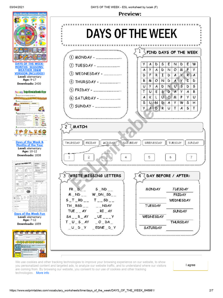 ESL Days of the Week Worksheet | PDF | Computers