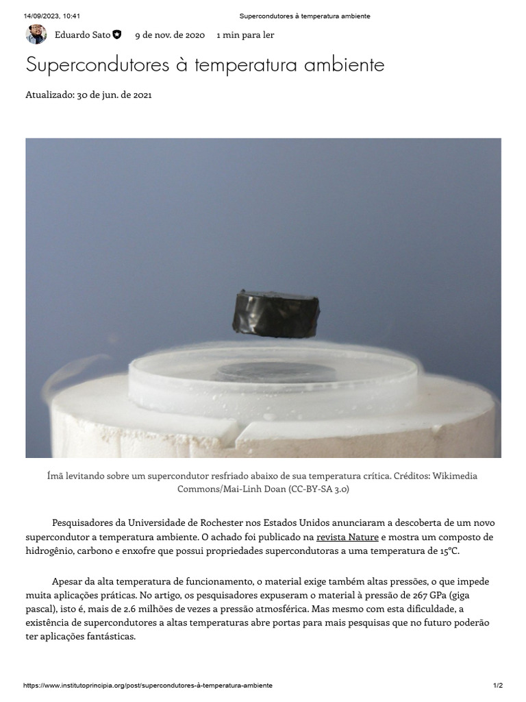 Supercondutores À Temperatura Ambiente | PDF | Supercondutividade ...