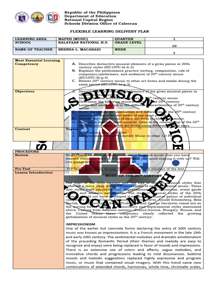 G10 Q1 W1 Music Mapeh FLDP | PDF | Harmony | Chord (Music)
