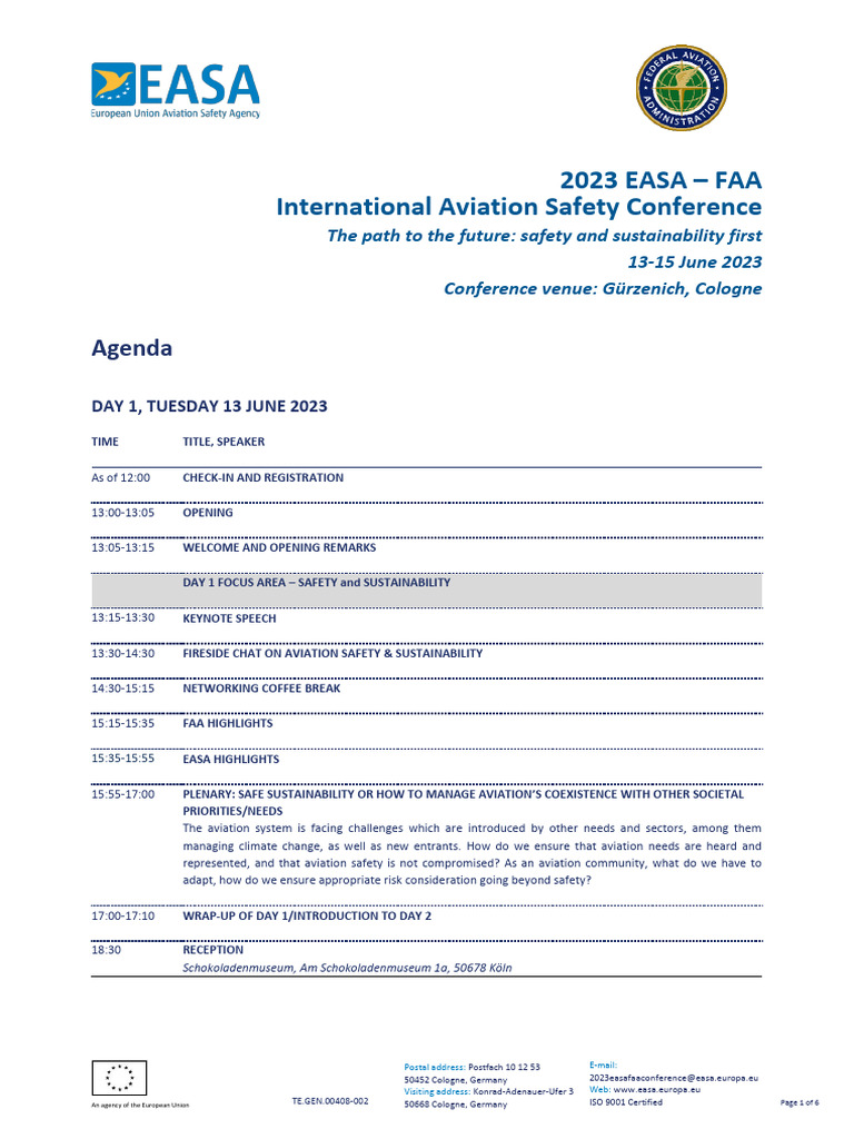 2023 Easa-Faa Conference Agenda | PDF | Federal Aviation Administration