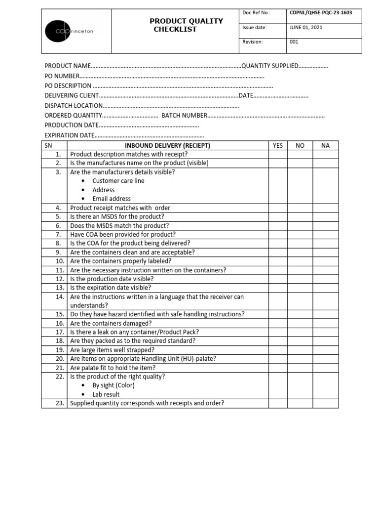 Product Quality Checklist | PDF | Business