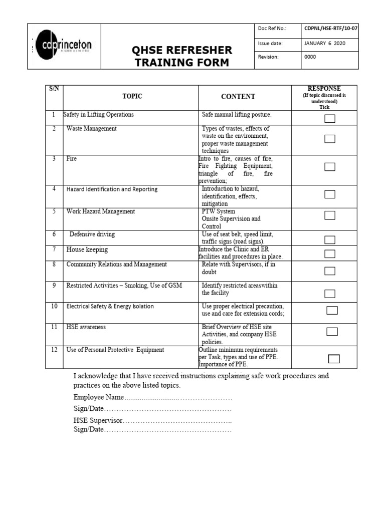 Refresher Training Form | PDF | Personal Protective Equipment | Labor ... Refresher Training Form | PDF | Personal Protective Equipment | Labor ...