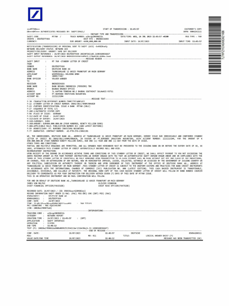 Bnin 760 SBLC DB Swift 2023 | PDF