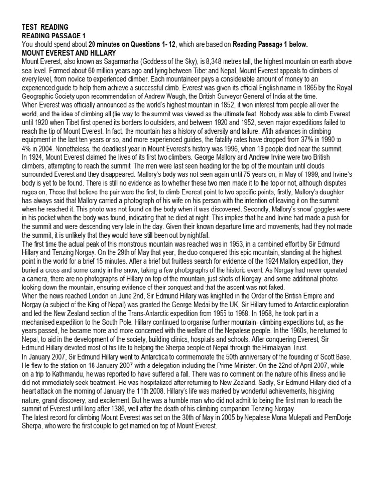 Test Reading Reading Passage 1 Mount Everest and Hillary | PDF | Sleep ...