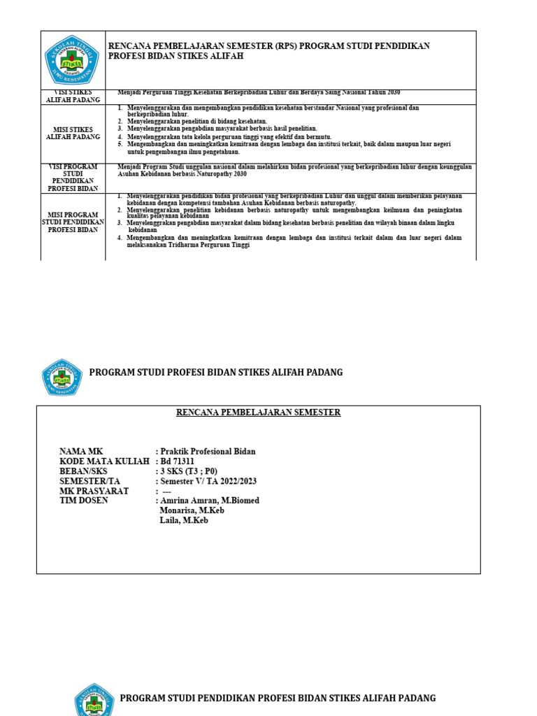 RPS PRAKTIK PROFESIONAL BIDAN S1 2022 Ok | PDF | Karier & Perkembangan | Bisnis