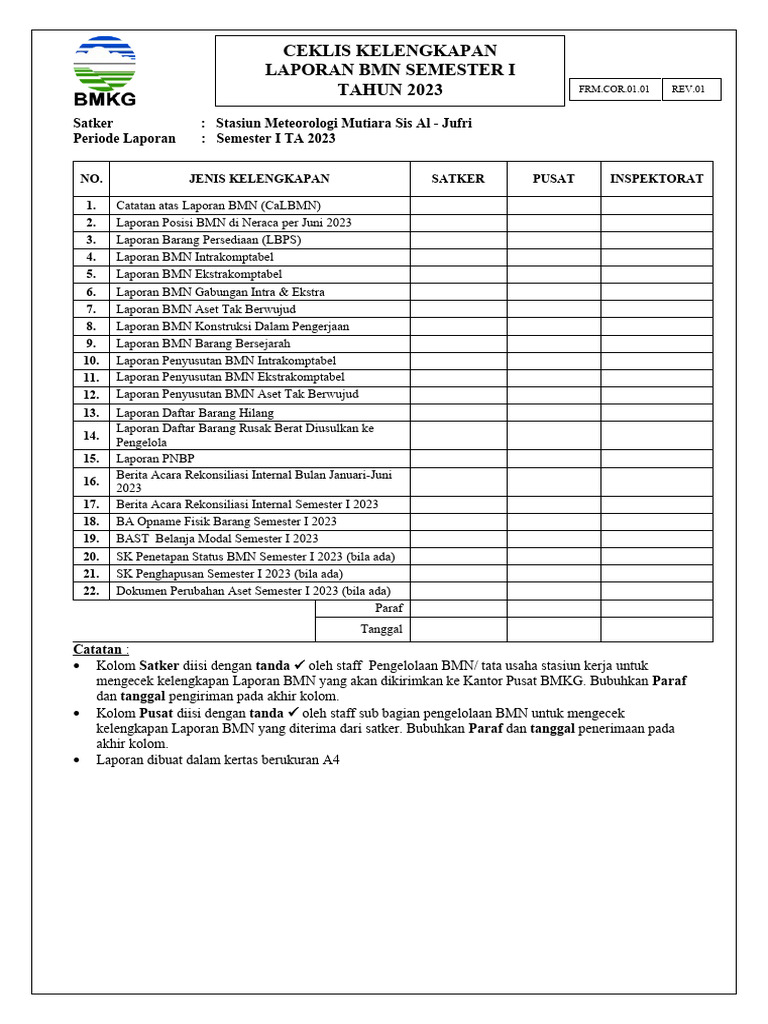 Cek List Kelengkapan Laporan BMN Semester I 2023 | PDF