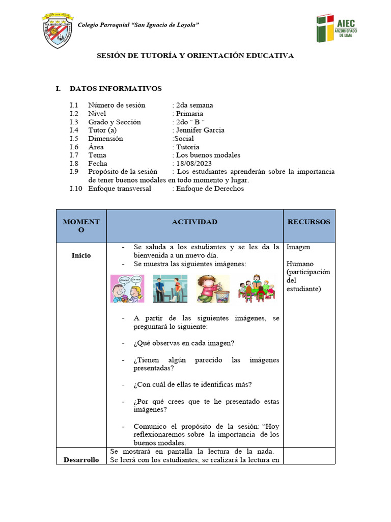 Tutoría Primaria: Importancia de los Buenos Modales | PDF