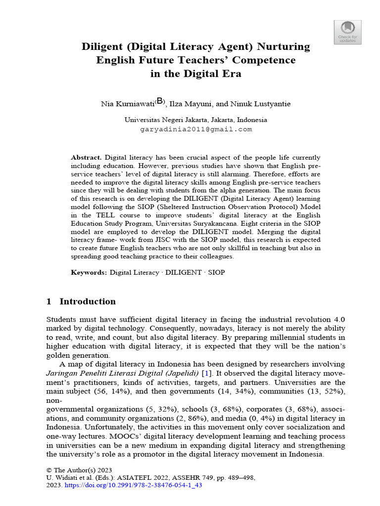 Diligent (Digital Literacy Agent) Nurturing English Future Teachers' Competence in The Digital ...