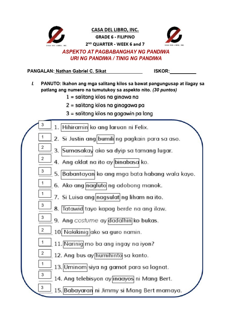 g6 (2ndq Ws - Fil) Week 6&7 - Aspekto at Pagbabanghay NG Pandiwa - Uri NG Pandiwa - Tinig NG ...