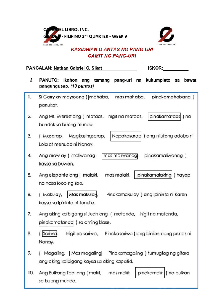 g6 (2ndq Ws - Fil) Week 9 - Kasidhian o Antas NG Pang-Uri - Gamit NG Pang-Uri | PDF