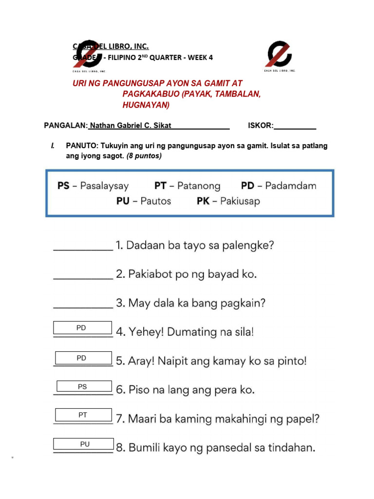 g6 (2ndq Ws - Fil) Week 4 - Uri NG Pangungusap Ayon Sa Gamit - Ayon Sa Pagkakabuo (Payak ...