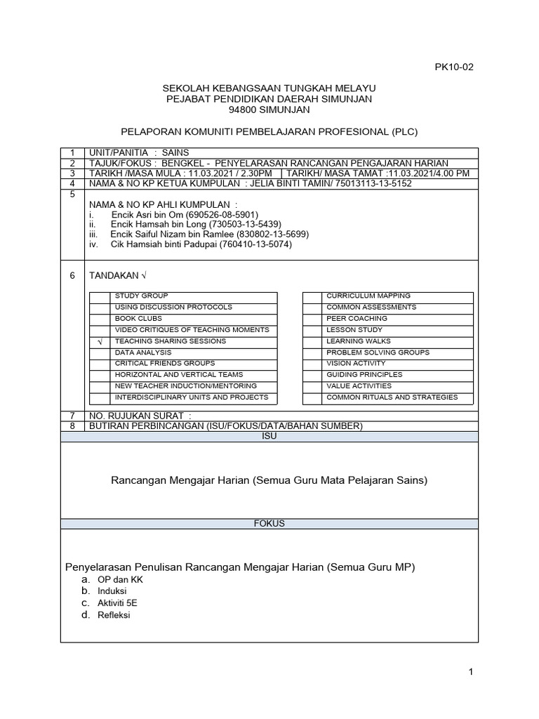 Pelaporan PLC - RPH | PDF