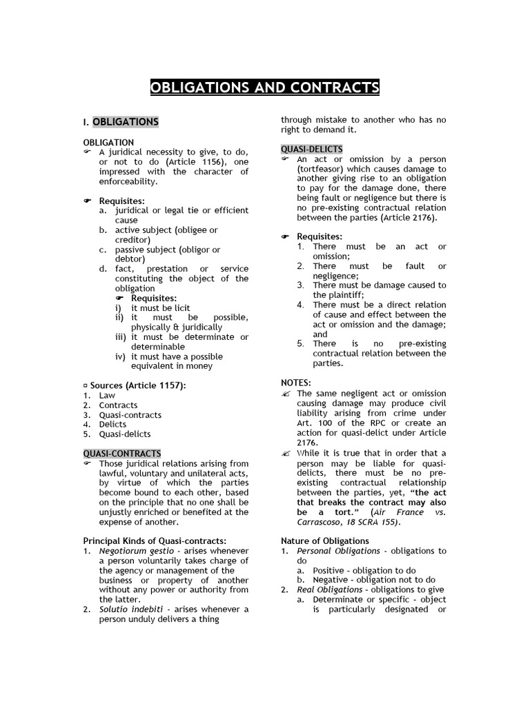 Obligations and Contracts Lecture | PDF | Law Of Obligations | Guarantee