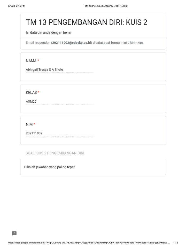 TM 13 Pengembangan Diri - Kuis 2 | PDF