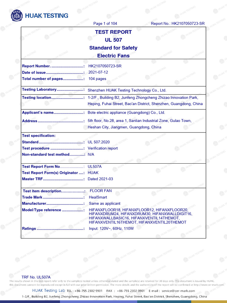 Test Report UL 507 Standard For Safety Electric Fans | PDF | Electrical ...