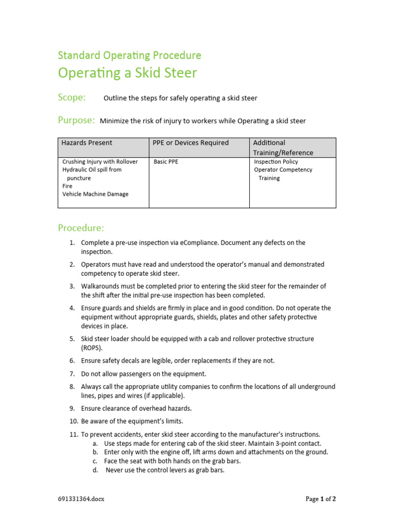 SOP TR016 - Operating A Skidsteer - Volvo | PDF | Vehicles ...