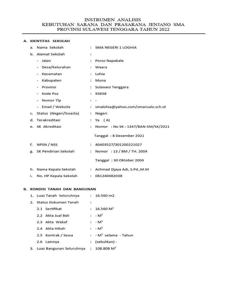 Analisis Kebutuhan Sarpras SMA 2022 | PDF