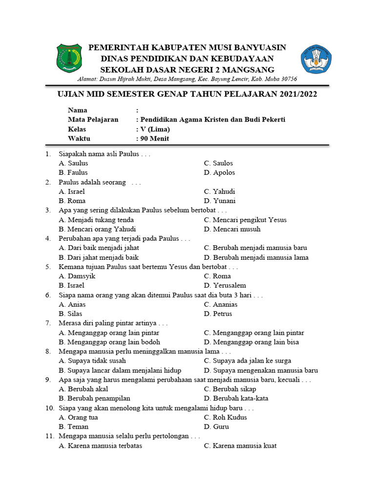 Soal Ujian Agama Kristen Kelas 5 | PDF