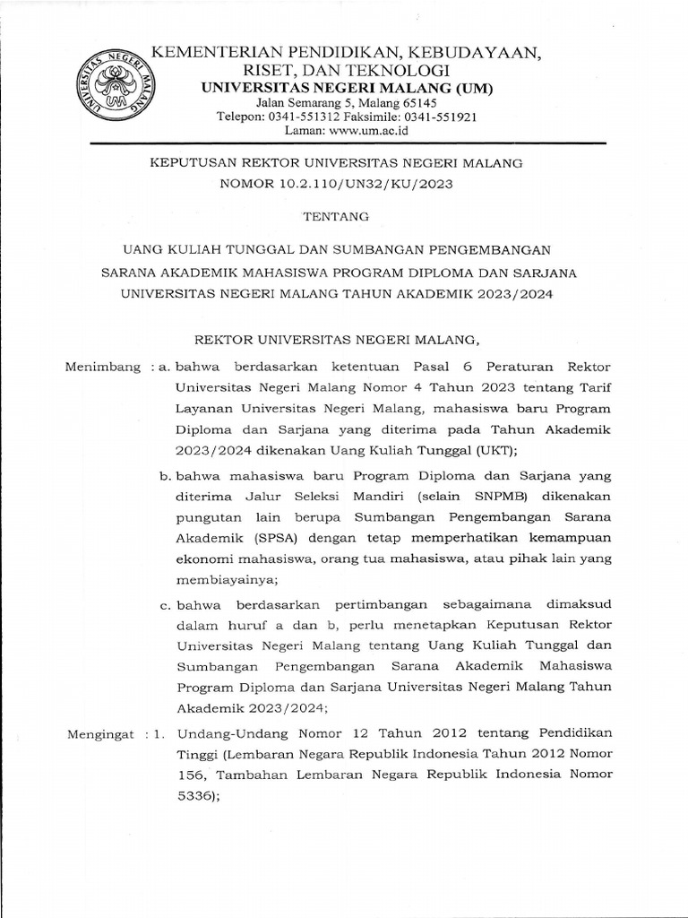 SK UKT SPSA Program Diploma Sarjana TA 2023 2024 | PDF