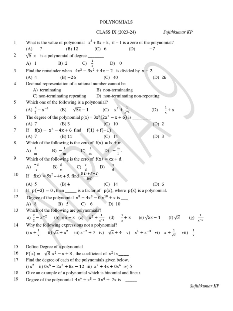 Polynomials Ix 23-24 - QP | PDF | Polynomial | Computational Science