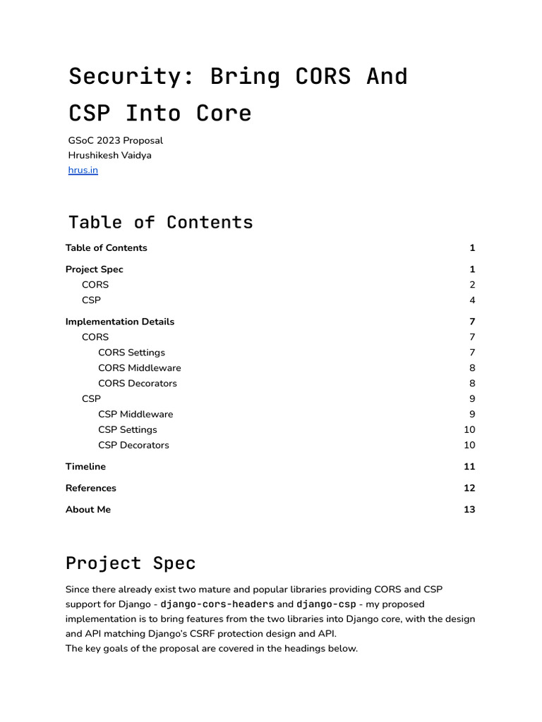 GSoC 2023 Proposal - Bring CORS and CSP Into Core | PDF | Computing | Software Engineering