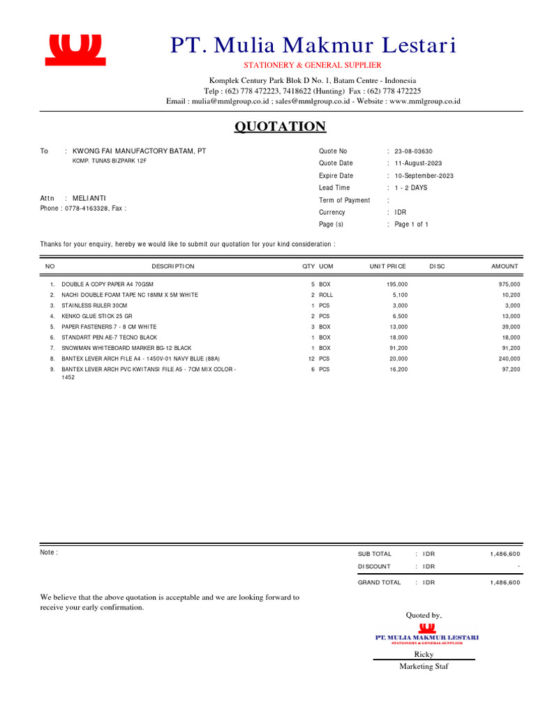 Quotation 03630 | PDF | Office Work | Office Equipment