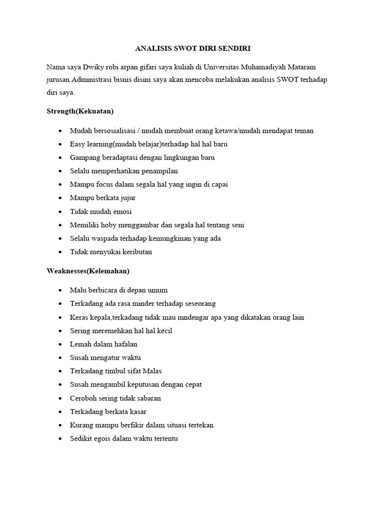 Analisis SWOT Diri Mahasiswa Administrasi | PDF | Karier & Perkembangan ...