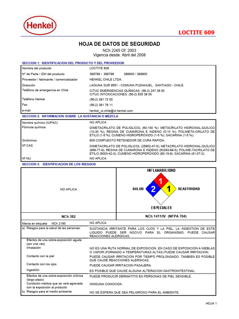 Hoja de Seguridad LOCTITE 609 | PDF | Residuos | Agua