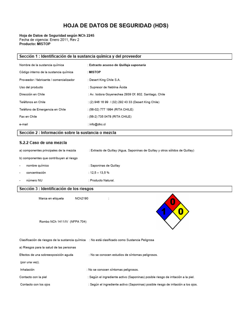 Seguridad de MISTOP: Extracto de Quillay | PDF | Química | Ciencias fisicas