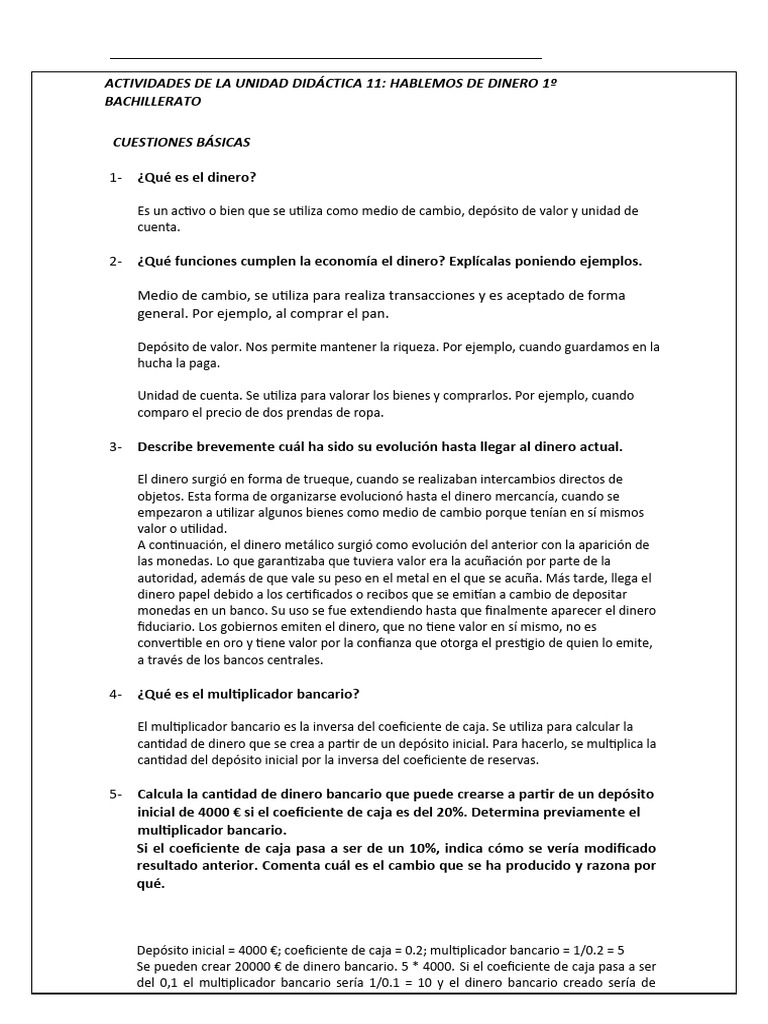 UD 11 Hablemos de Dinero Actividades Opo Eco | PDF | Dinero | Requisito ...