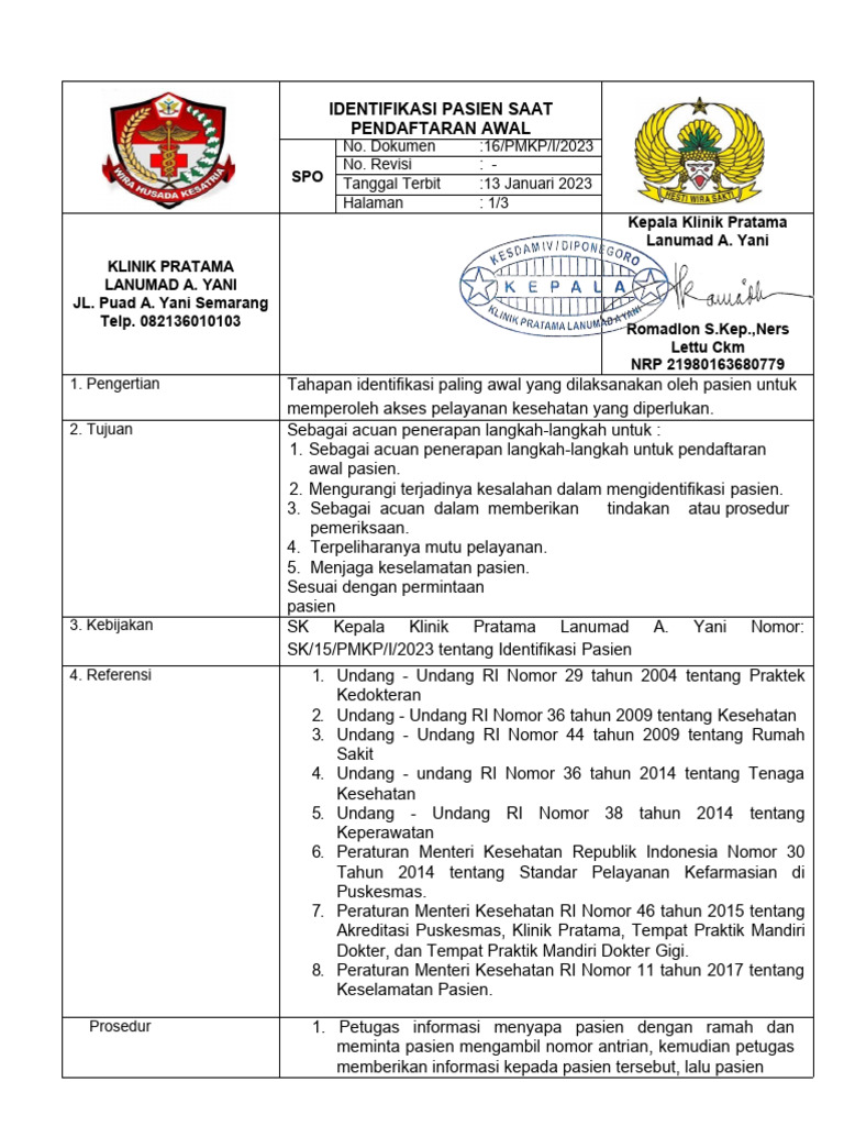 Prosedur Identifikasi Pasien Awal | PDF