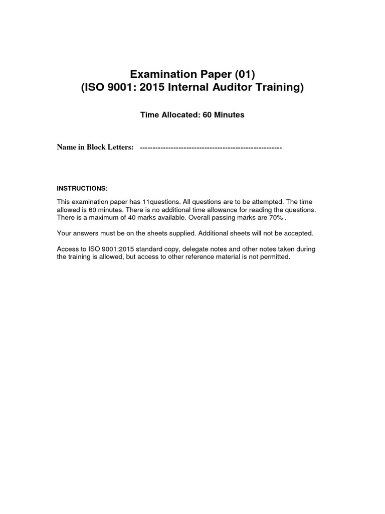 ISO 9001:2015 Internal Auditor Exam | PDF | Audit | Iso 9000