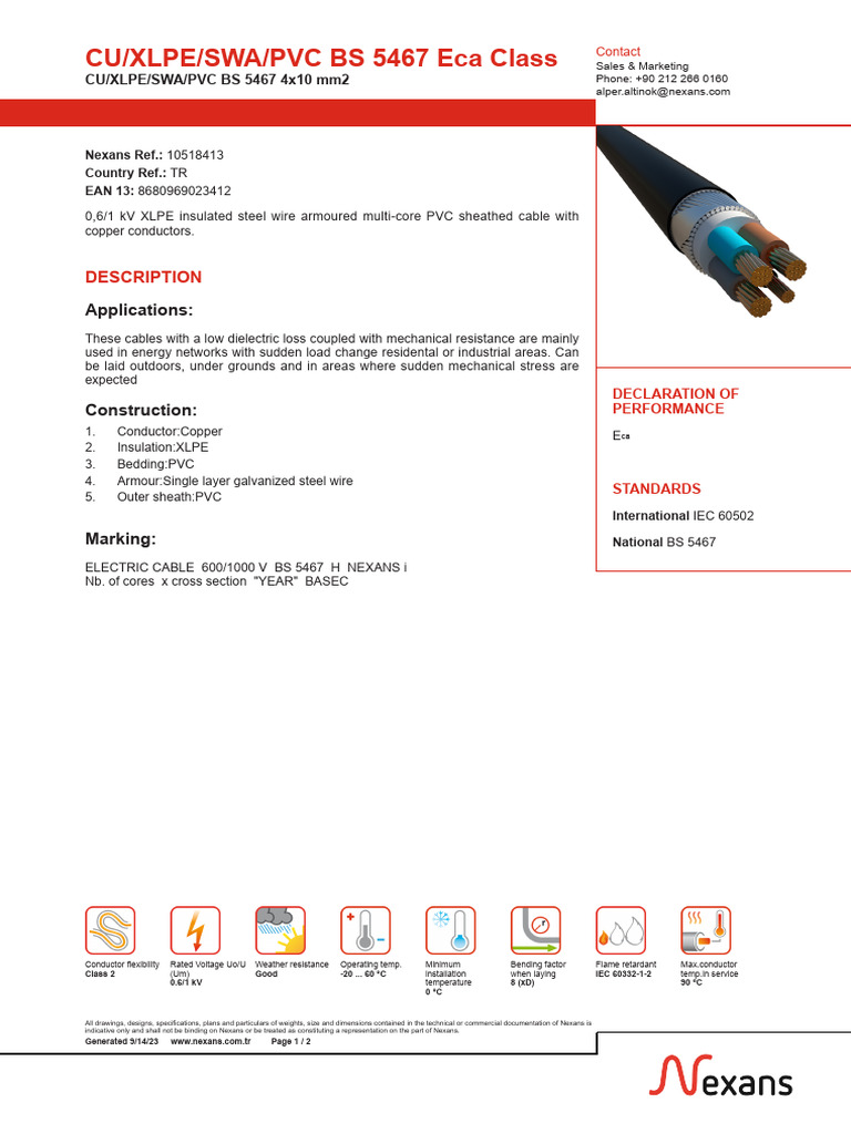 Nexans - 1051841 - MCCC 4X10mm2 XLPE PVC+E10mm2 PVC | PDF | Electrical ...