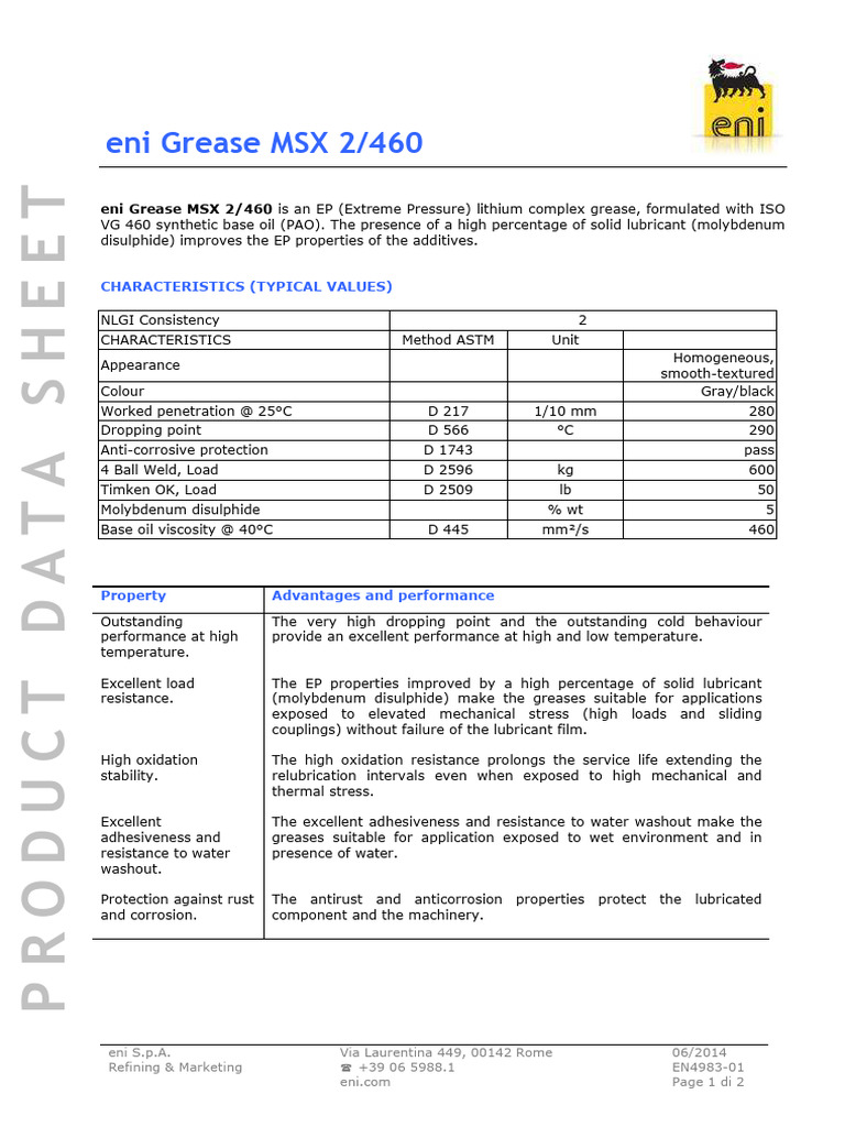 Eni Grease MSX 2-460 | PDF | Lubricant | Secondary Sector Of The Economy