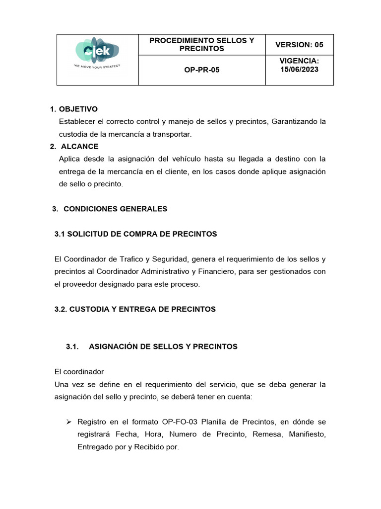Op-Pr-05 Procedimiento Sellos y Precintos v5 | PDF