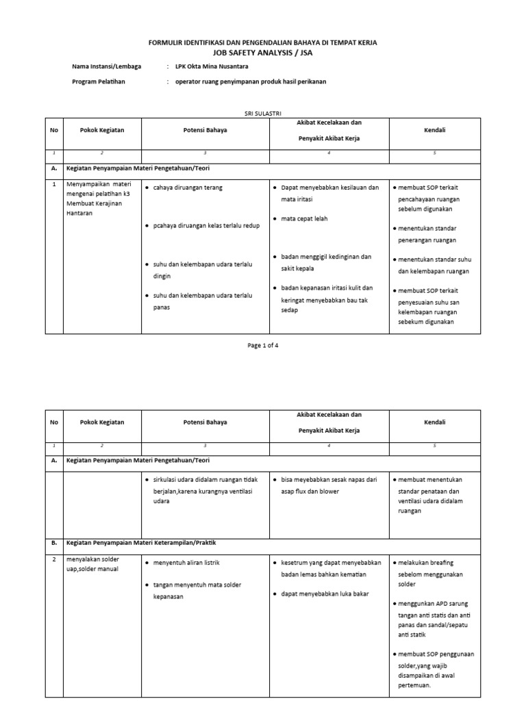 Contoh JSA untuk Pelatihan K3 | PDF